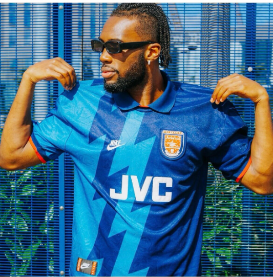 Arsenal 1994-1995 blue lightening bolt away jersey JVC sponsor logo ...